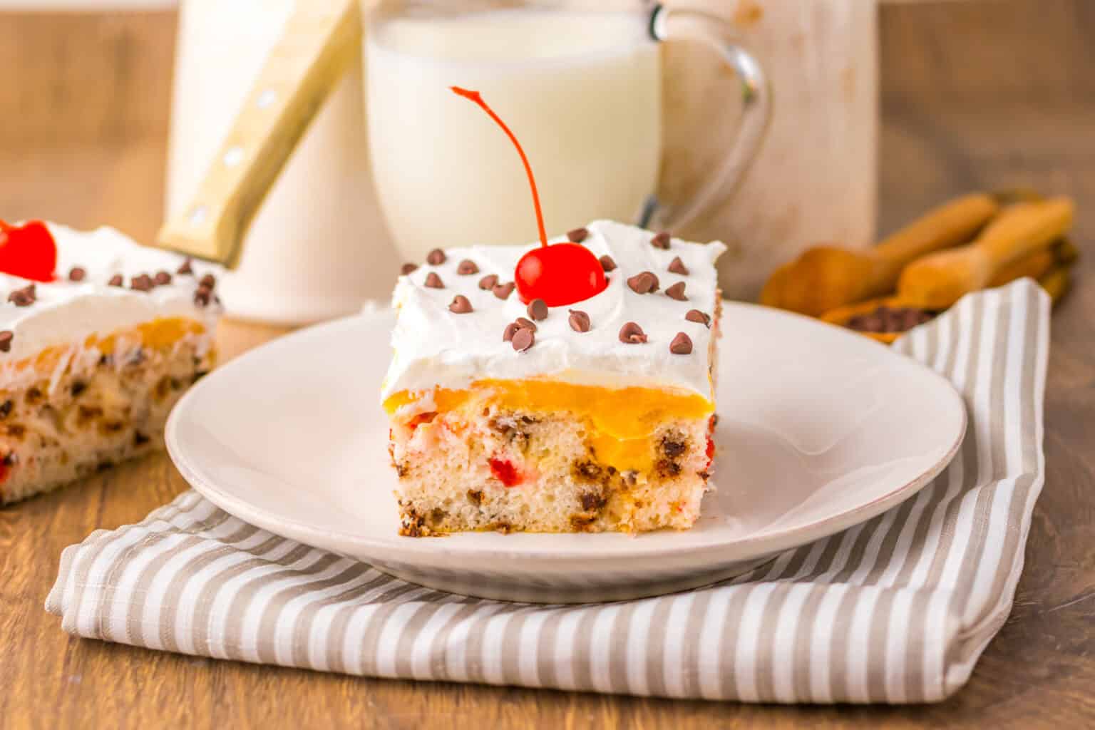 Cherry Chip Poke Cake Recipe with Cherries, Pudding & Whipped Topping